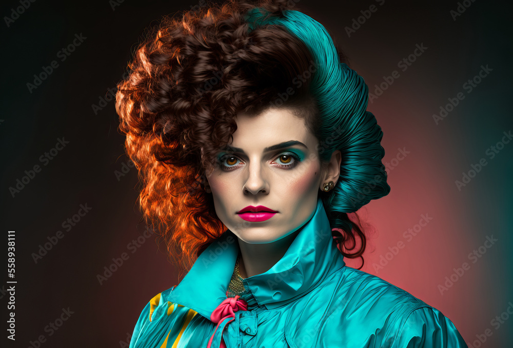 1980s vintage fashion portrait. Caucasian woman with retro 80's style ...