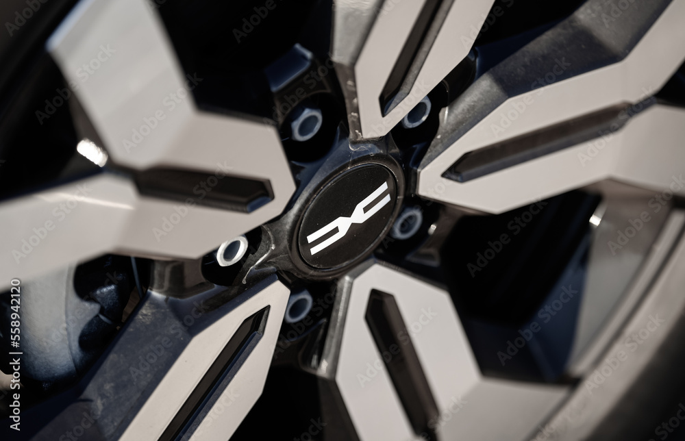 Dacia Duster. Close up view of this car wheels with the brand new logo ...