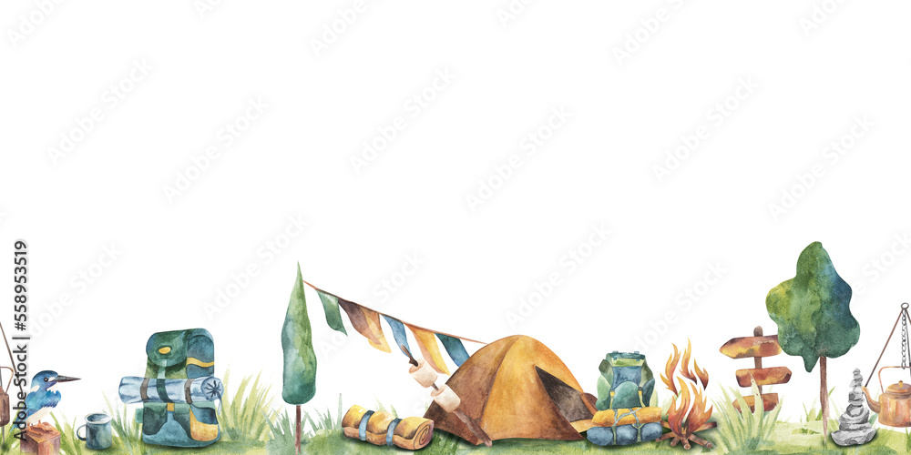 Camping watercolor seamless border. Traveling, trip, hiking, camper ...