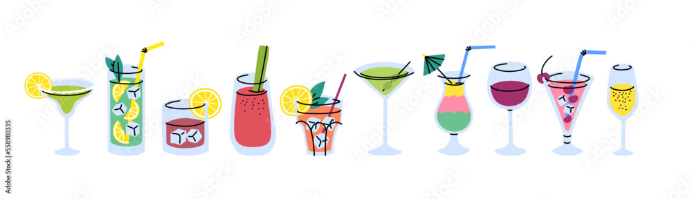 Vector alcoholic cocktails with straws and lemon slice set. Bloody mary ...