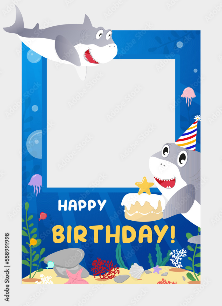 Happy Birthday Shark themed party concept for photo frame, poster ...