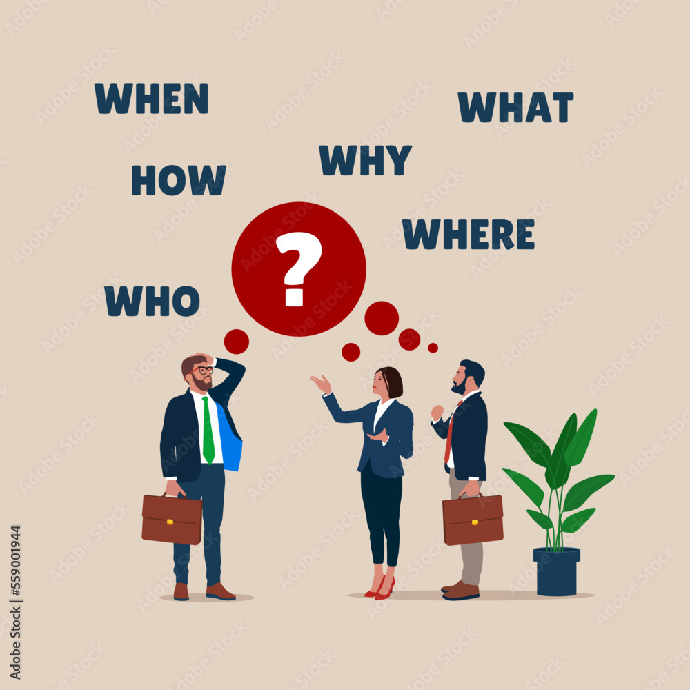Business team thinking of who what where when why and how. 5w1h asking ...