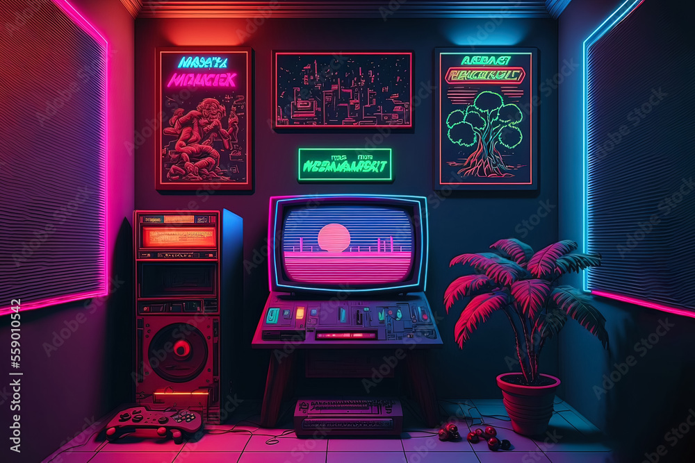 Awesome gaming setup from the 80-s. Retro gaming concept. Vintage retro ...