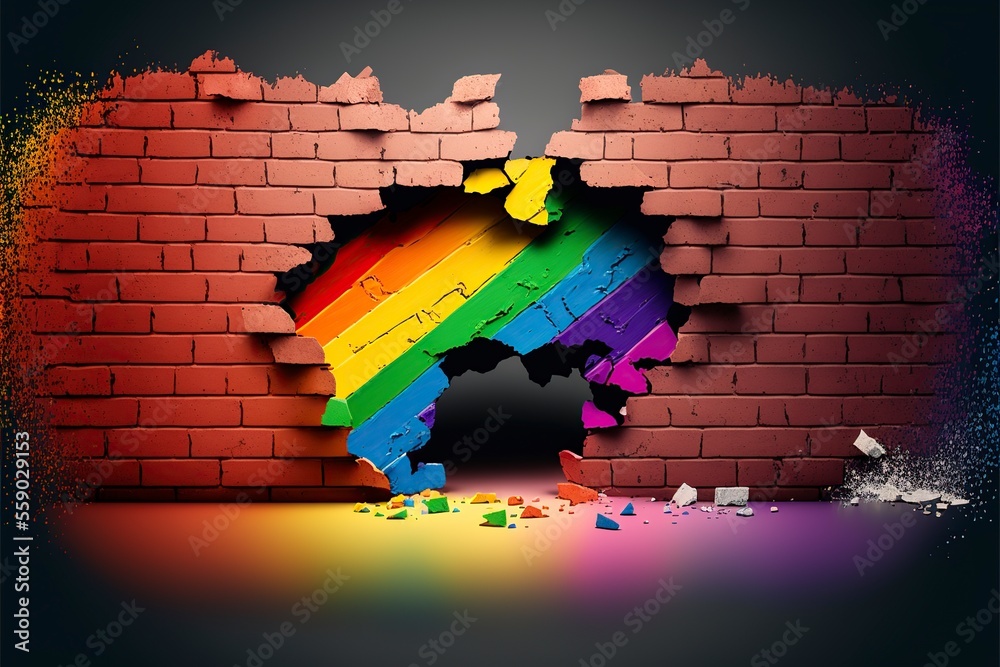Crumbling Brick Wall with rainbow Brick Wall behind, LGBT, Concept of ...