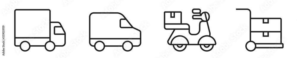 zestaw ikon, dostawa, auto dostawcze, skuter, magazyn, ikony dostawy ...