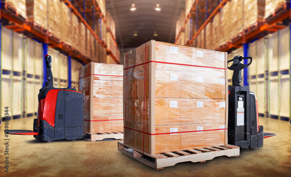 Electric Forklift Pallet Jack with Packaging Boxes Stacked on Pallets ...
