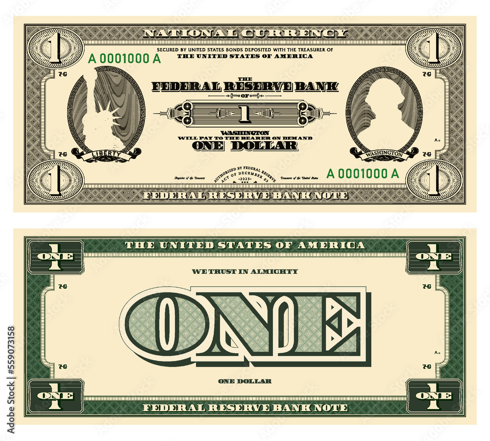 Vector new 1 dollar banknote. Obverse and reverse of US paper money in ...