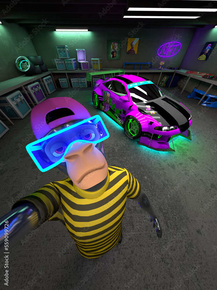 Selfie of NFT Ape avatar with tuned car on background. NFT 3d bored ape ...