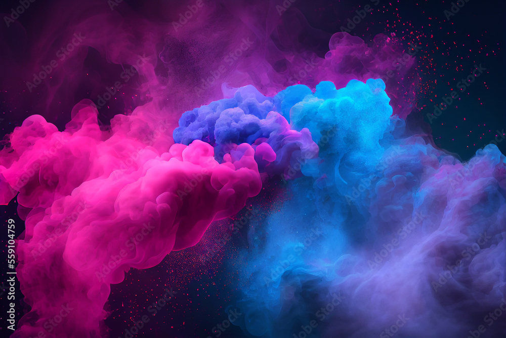 Neon blue and purple multicolored smoke puff cloud design elements on a ...