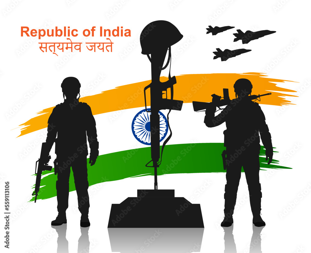 Silhouette of soldiers with India flag on a background the sunset ...