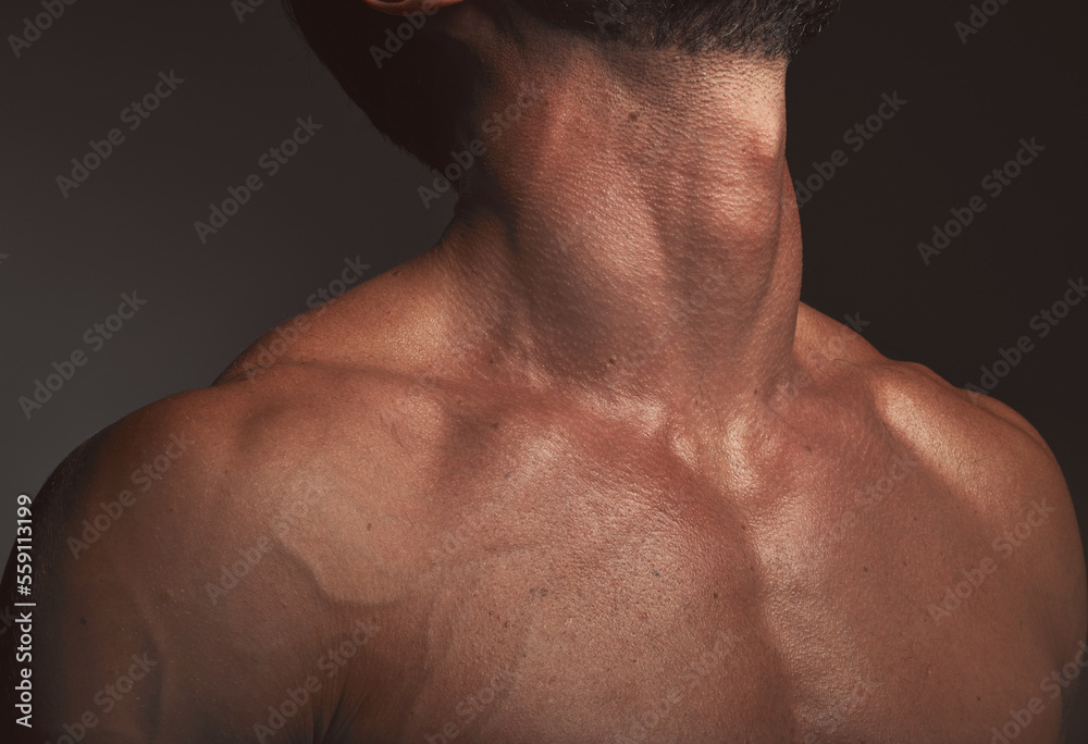Man, body or neck muscles on dark studio background and exercise ...