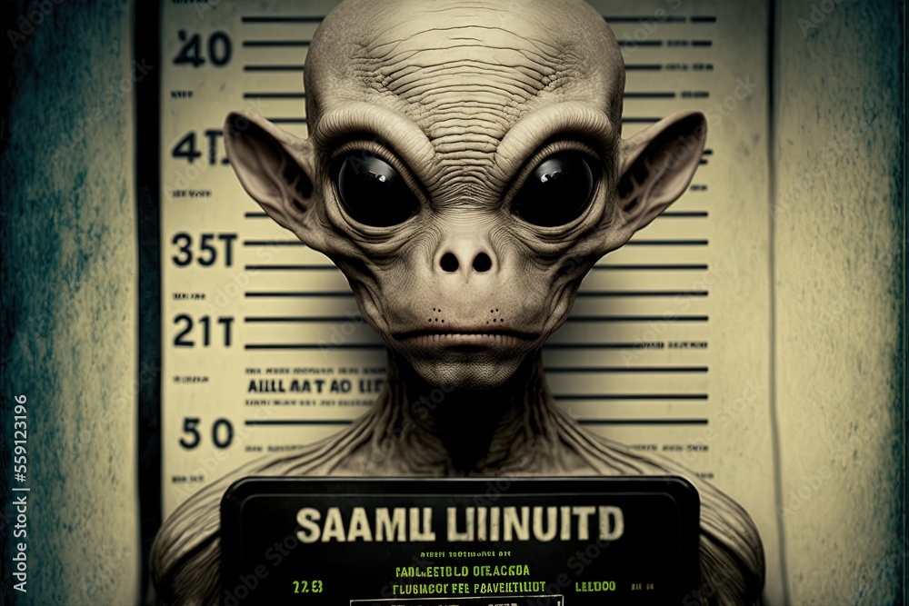 black Humanoid Alien Identification Plate in front of Police Lineup or ...