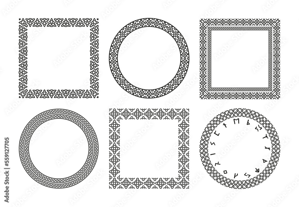 Nordic rune frames. Set of scandinavian futhark decorative borders with ...