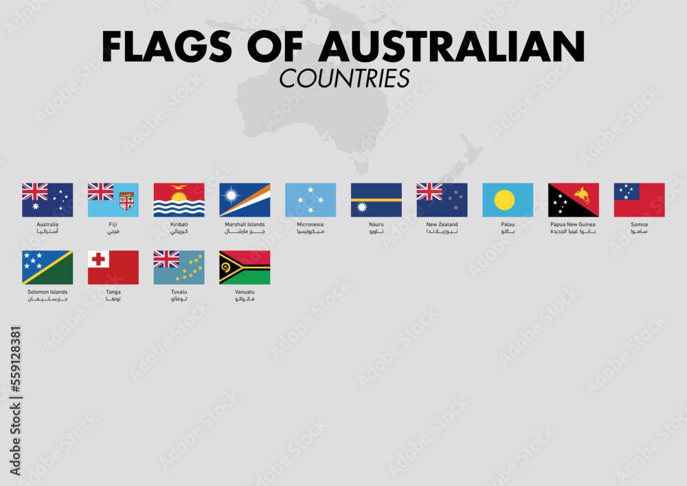 Australian countries Flags with country names and a map on a gray ...