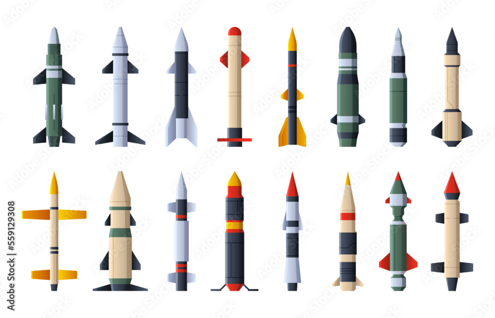 Missiles collection. Military aircraft weapon warhead, explosive ...
