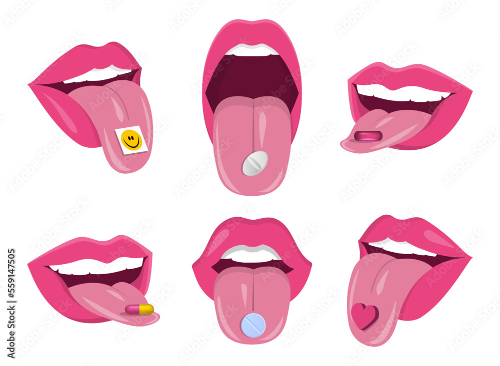 Drug on tongue. Acid pills. lSD dose. Sexy woman mouth with teeth. Girl ...