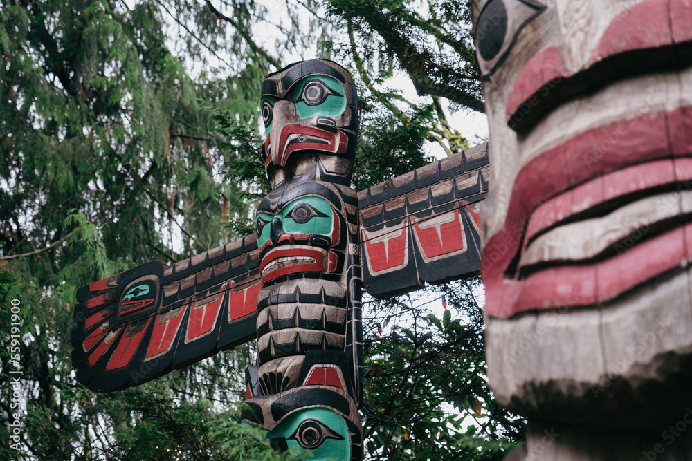 Totem poles by North American Native indians. Stock Photo | Adobe Stock
