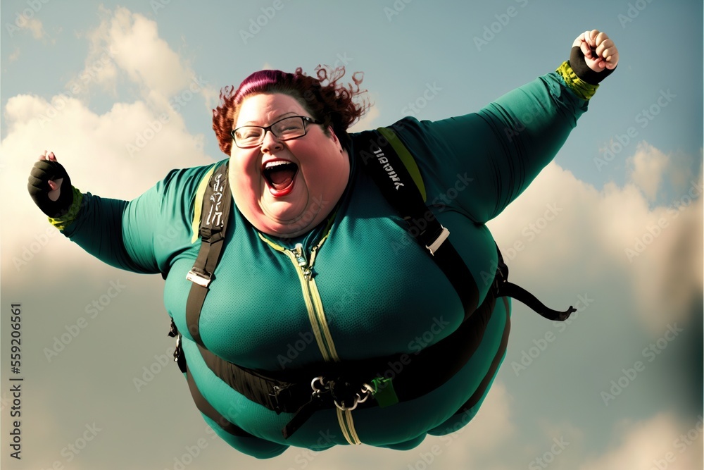Joyful obese woman skydiving, created with Generative AI technology ...