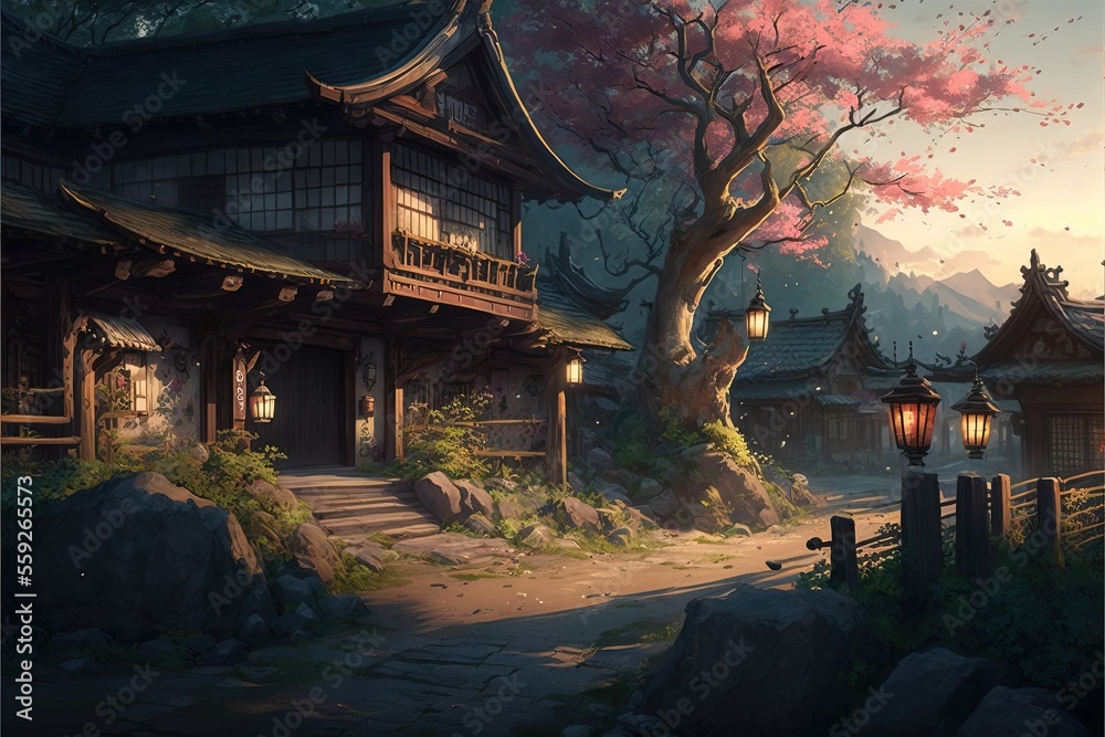 Fantasy Japanese Village Background, Concept Art, Digital Illustration Stock Illustration ...