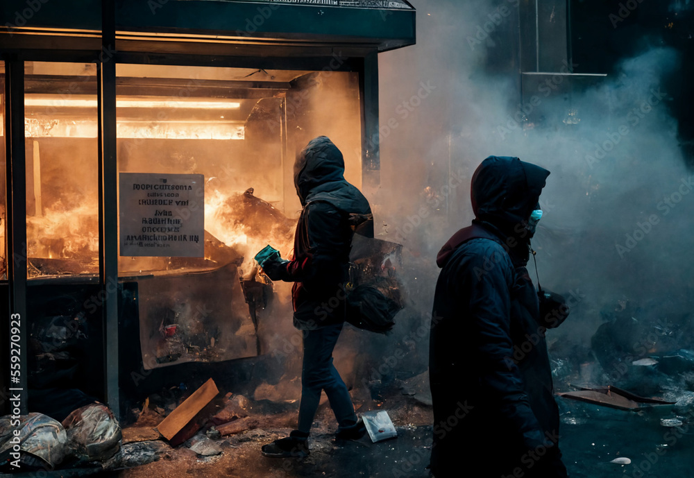 fictional looting or demonstration, robbery or theft, masked men on a ...