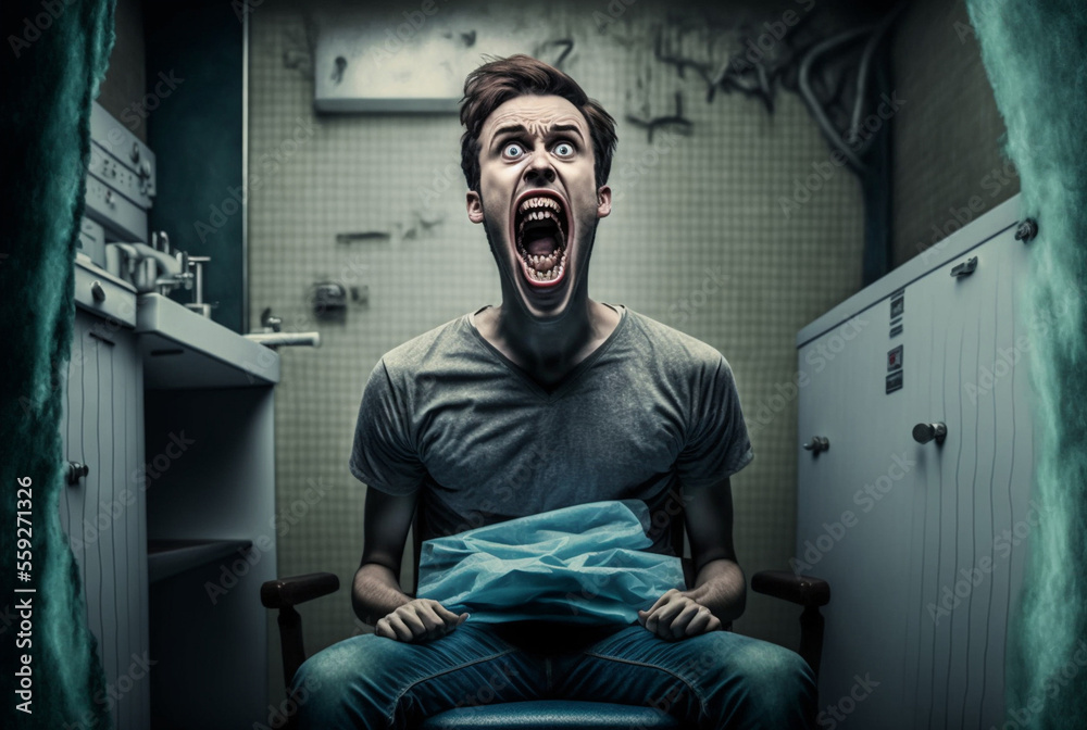 dentist nightmare or fictional horror nightmare, a young man at the ...