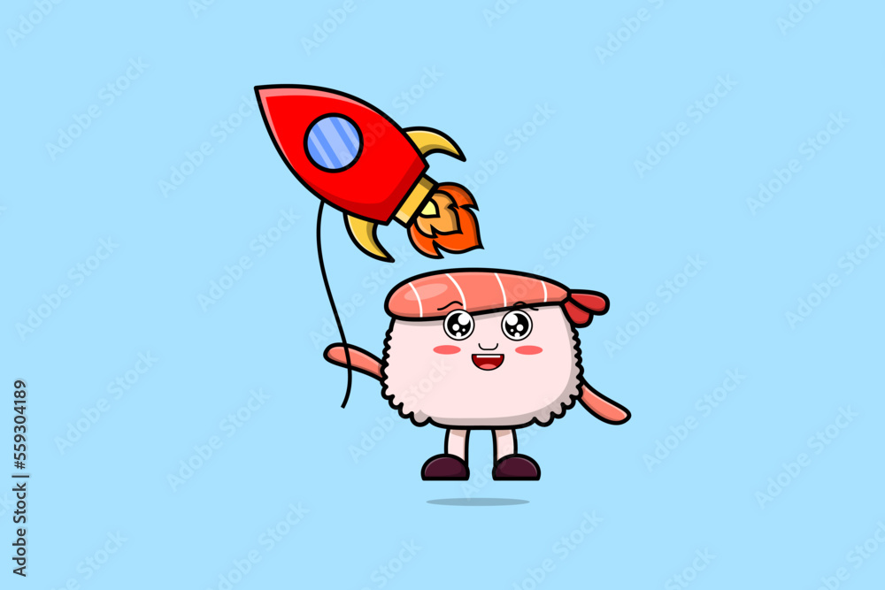 Cute cartoon Sushi shrimp floating with balloon cartoon vector ...
