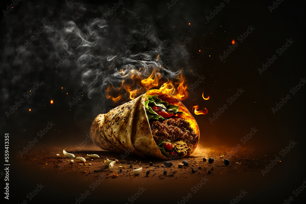 tasty burrito tortilla on a grill with smoke and fire background Stock ...