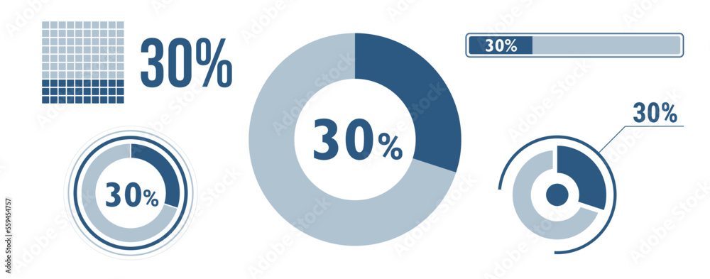 30% percentage infographic set. Thirty circle diagram, pie donut chart ...