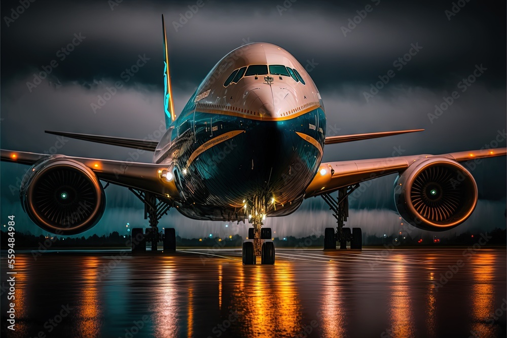 Ilustrace a large jetliner sitting on top of an airport runway at night ...
