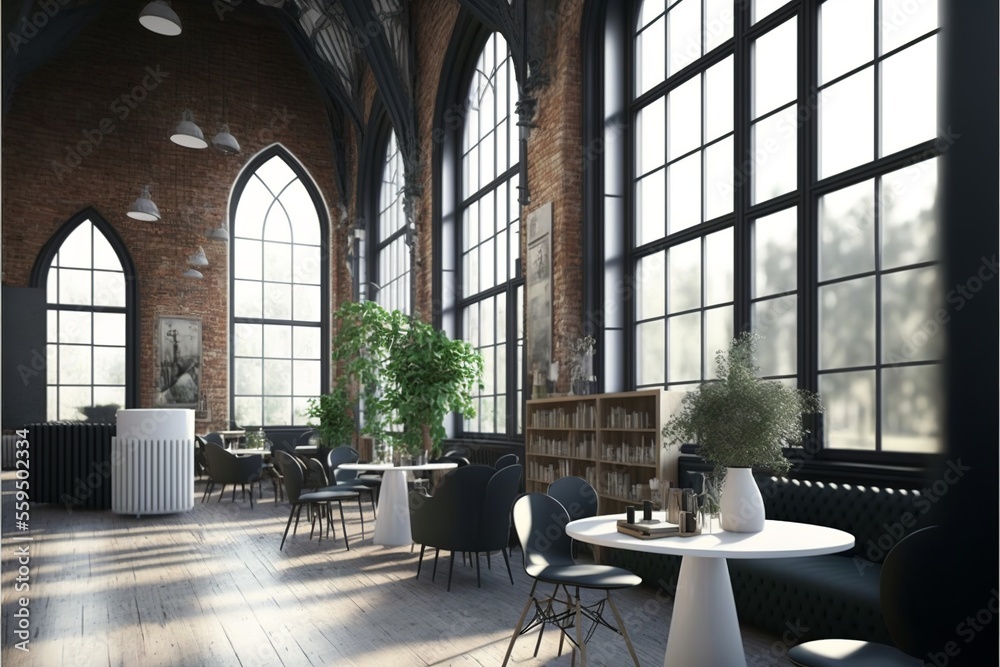 Modern and Scandinavian loft style cafe house interior with exposed ...