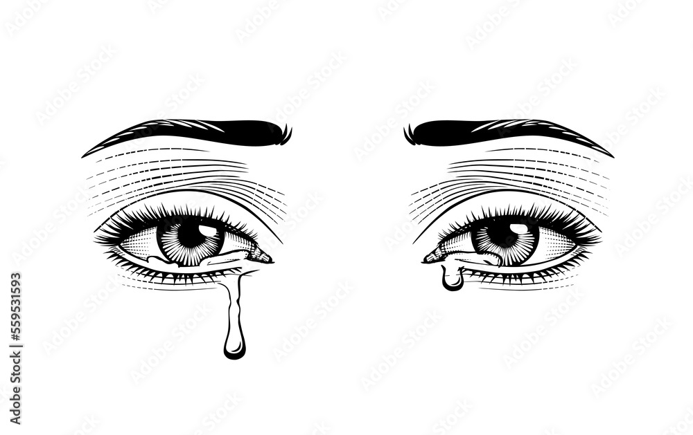 Vintage engraving stylized drawing of female eyes weeping eyes with ...