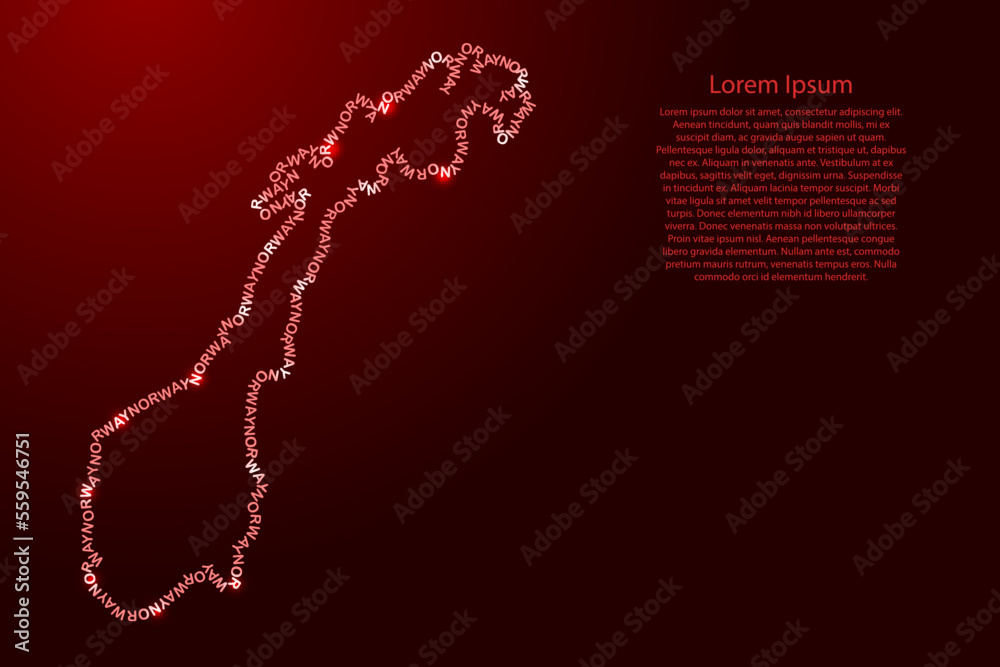 Norway map country along contour of recurring english red words name of ...