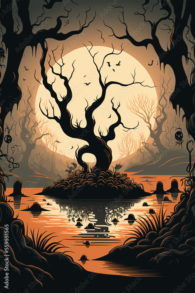 An illustration of a dense, primordial swamp full of fireflies with ...