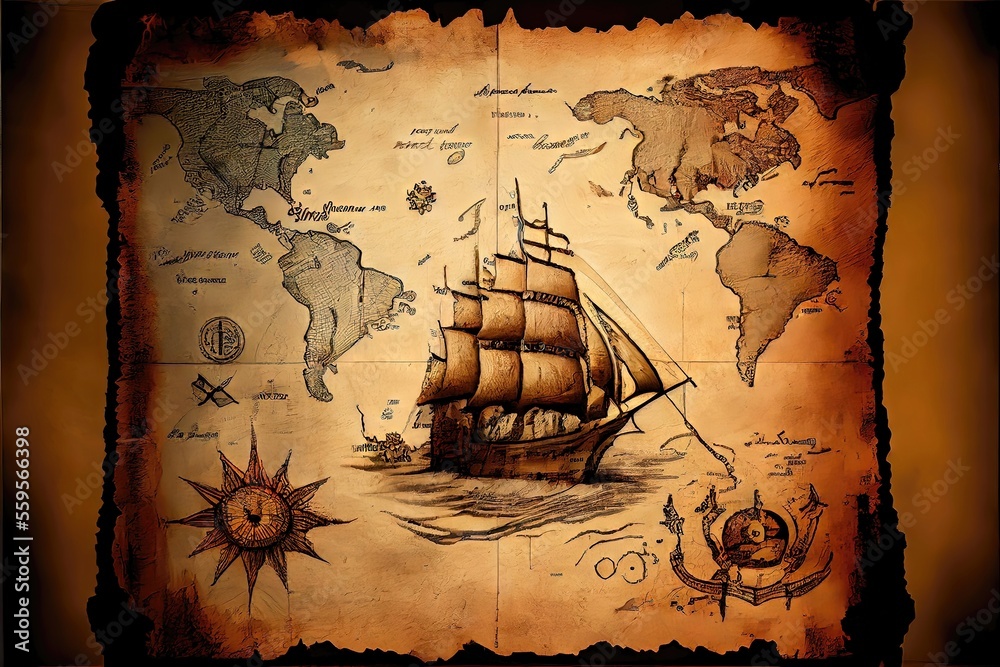 Treasure map - aged parchment with treasure map inked into it created ...