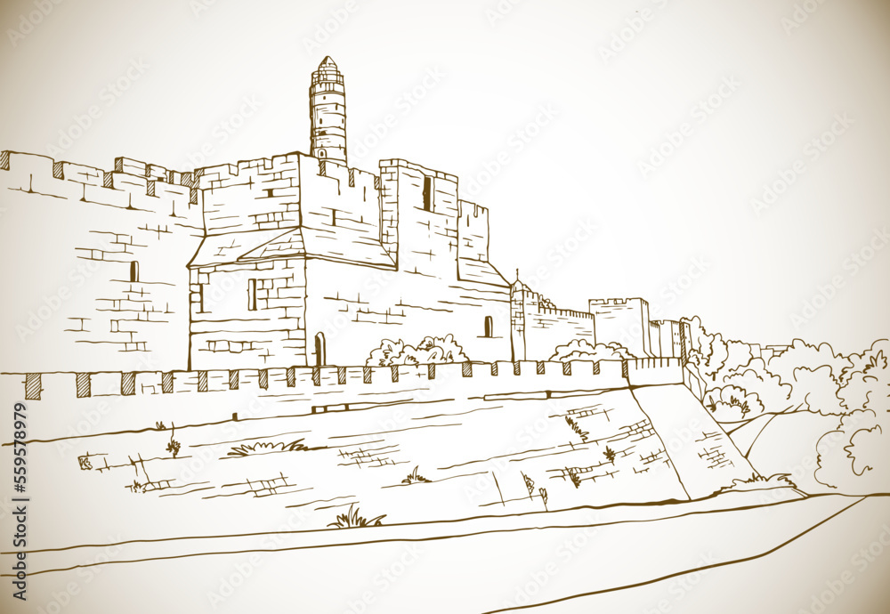 Stock-Vektorgrafik „Old walls of Jerusalem, sepia vector illustration ...