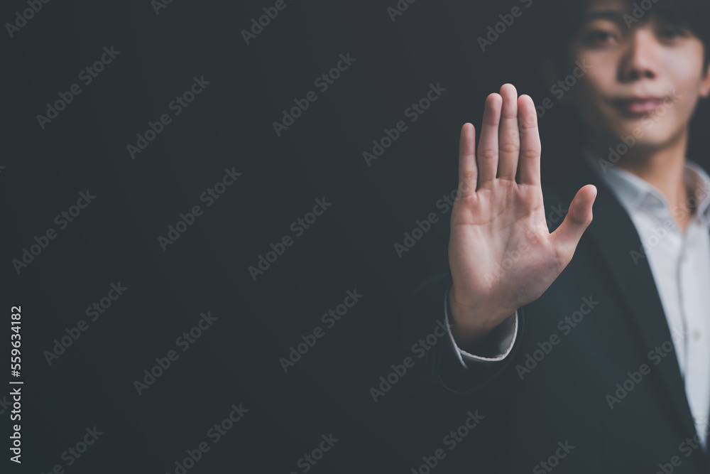 man hand stop sign, warning concept, refusal, caution, symbolic ...