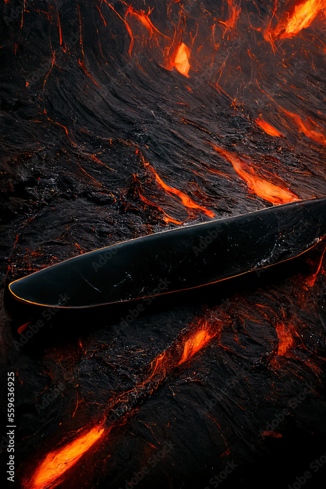 Surfboard with volcano lava, with fire made from marble, an ...