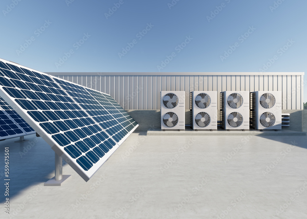 3d rendering of photovoltaic cell on solar panel, condenser unit or ...