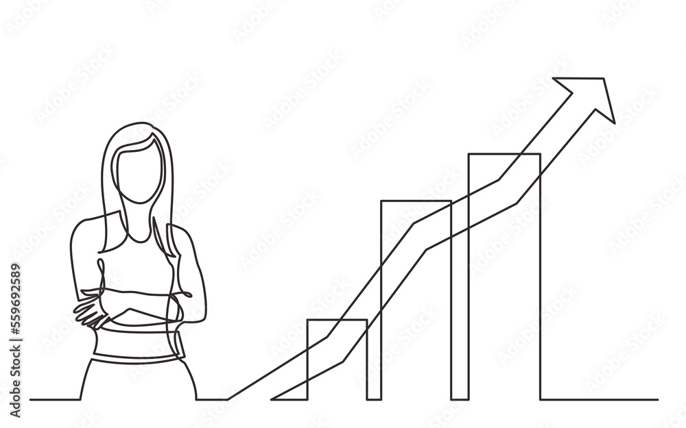 continuous line drawing business trainer standing by increasing chart ...
