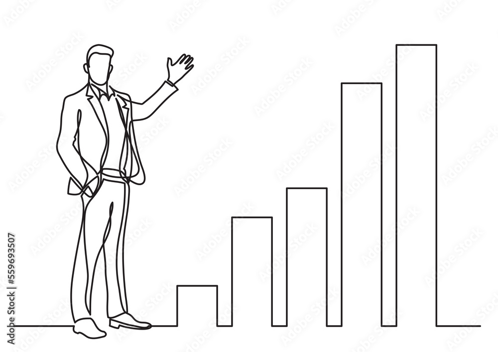 continuous line drawing standing businessman presenting increasing ...