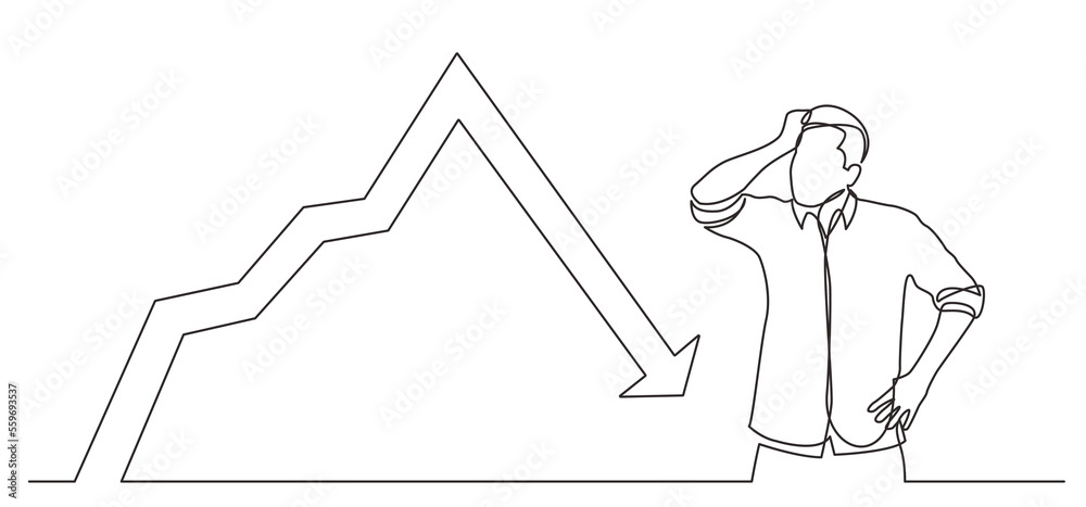 continuous line drawing standing confused man with declining chart PNG ...