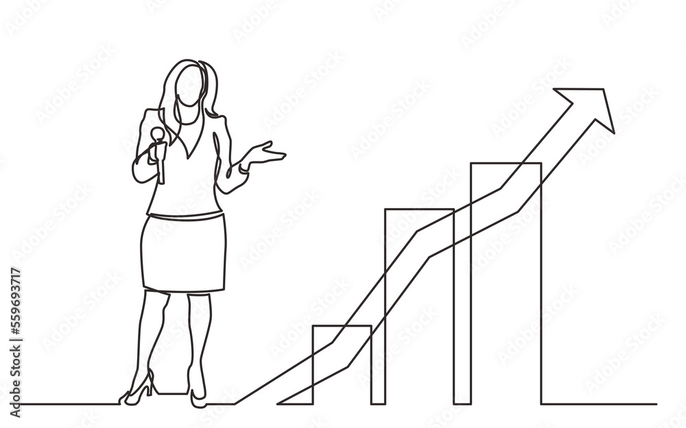 continuous line drawing woman business presenter showing increasing ...
