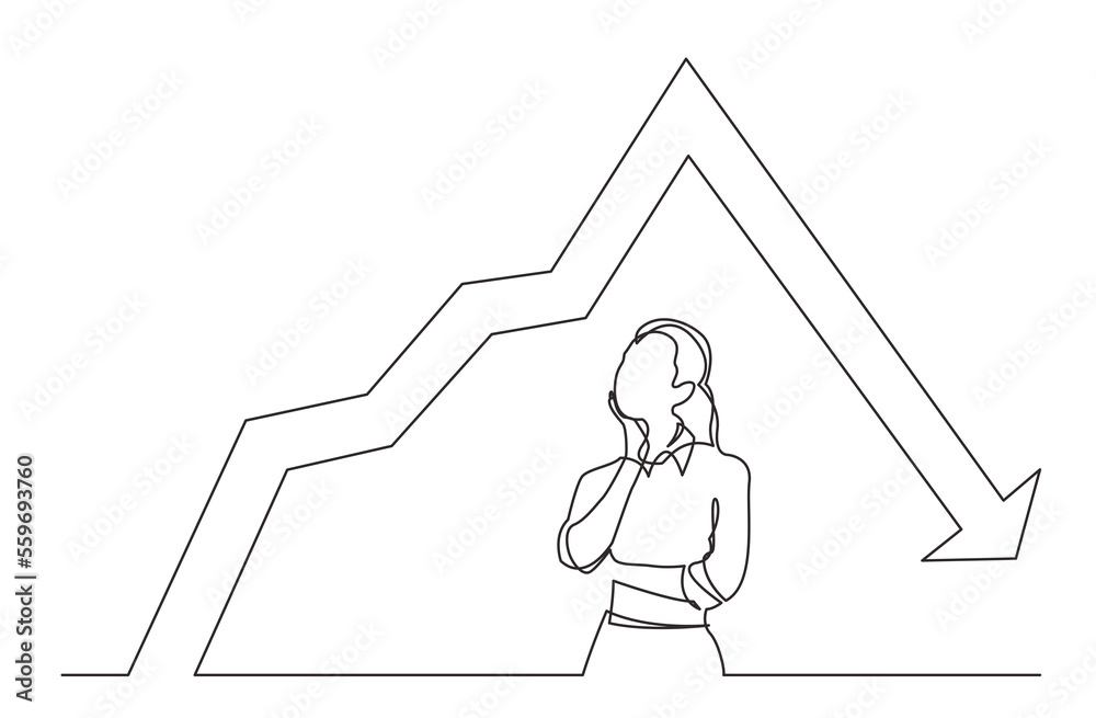 continuous line drawing worried business woman with declining chart PNG ...
