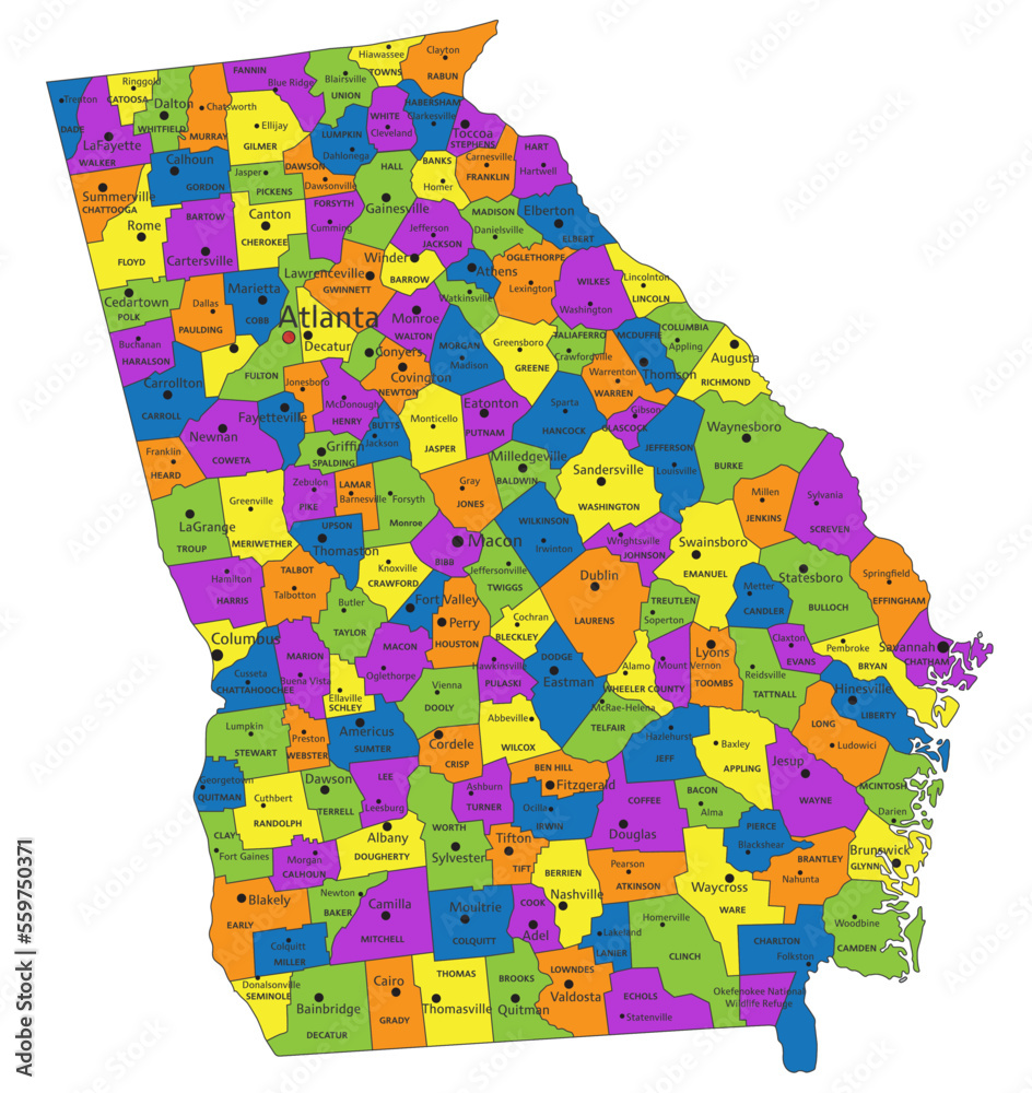 Colorful Georgia political map with clearly labeled, separated layers ...