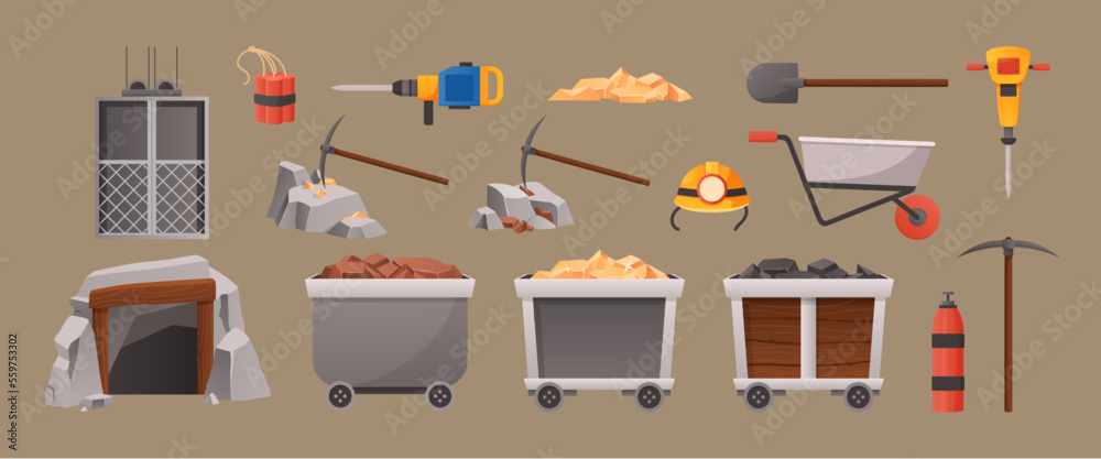 Cartoon mining elements. Mine cave entrance, mining elevator and tools ...