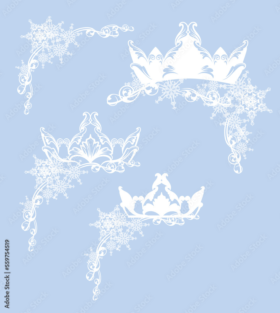 blue and white vector silhouette of royal crown and winter snow flakes ...