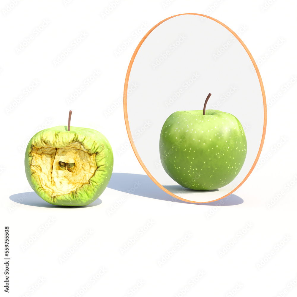 fake reality vs reality, social media vs real life concept green apple ...