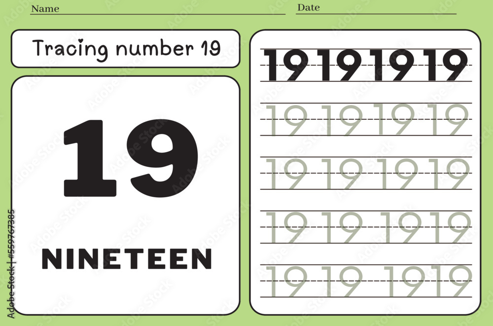 Number 19. tracing practice worksheet for kids learning to count and ...