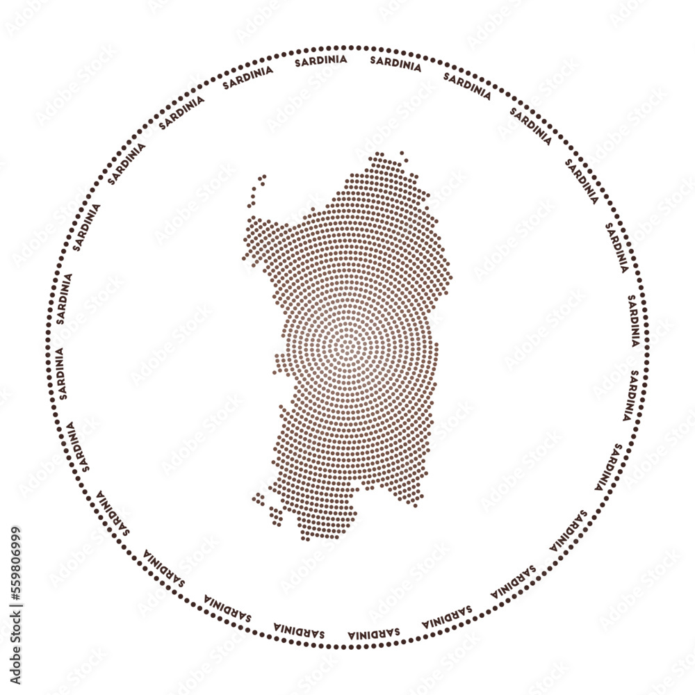 Sardinia round logo. Digital style shape of Sardinia in dotted circle ...