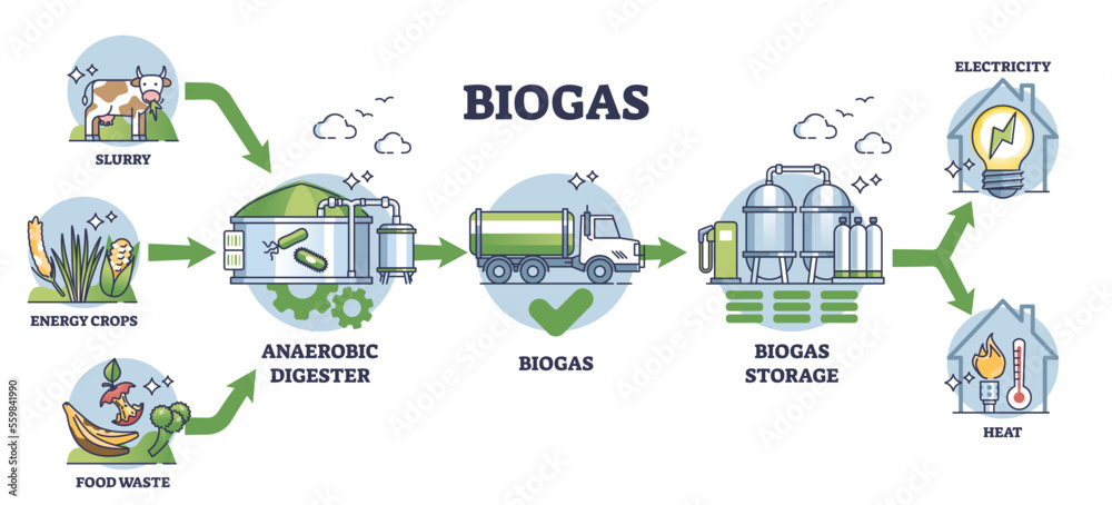 Biogas production stages with bio gas generation explanation outline ...
